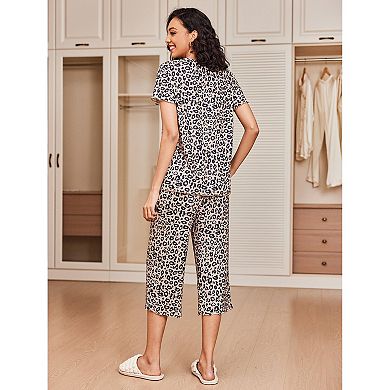 Ekouaer Women's Lettuce-Trim Short Sleeve Top & Capri Pajama Set