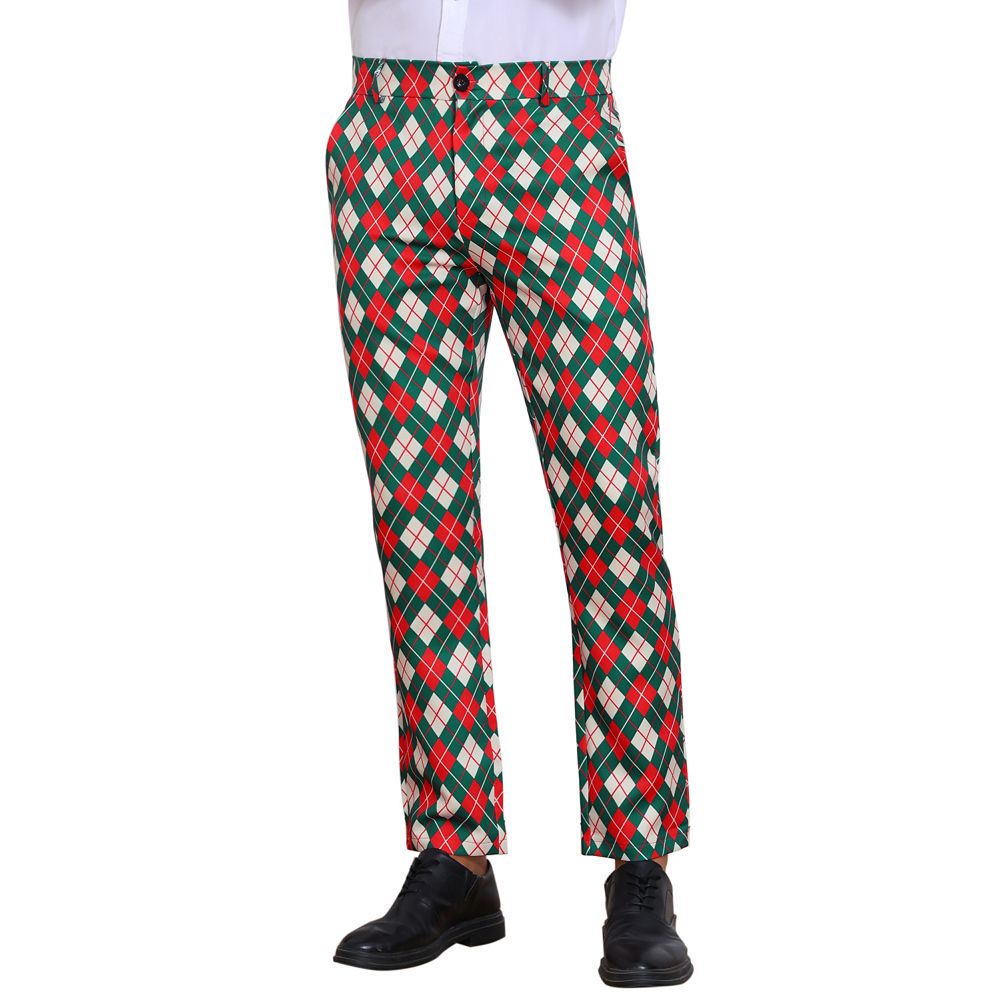 Argyle Pattern Pants for Men's Flat Front Retro Trousers Plaid Printed ...