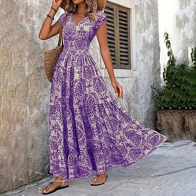 Women's V-Neck Short Sleeve Maxi Dress - Floral Print Flowy Split Beach ...