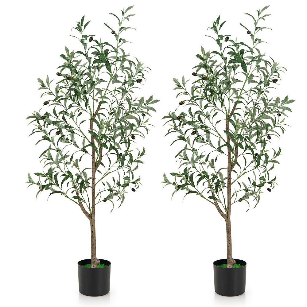 Gymax 4.5 FT Tall Artificial Olive Tree Set of 2 Fake Potted Trees w ...