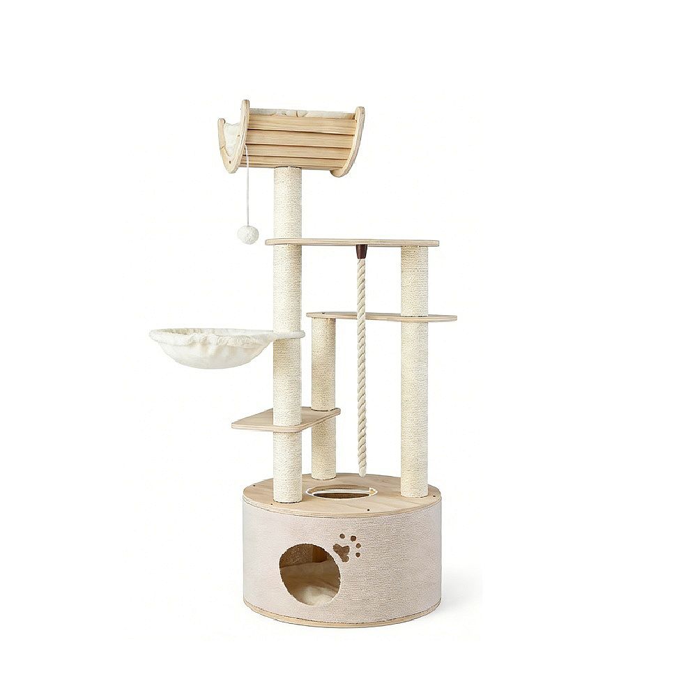 Gymax Wooden Cat Tree for Indoor Cats w/Condo Curved Perch Hammock