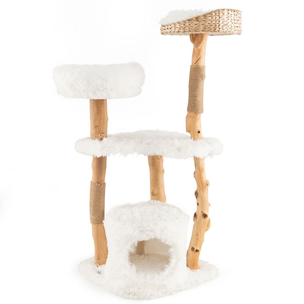 Gymax Tall Wooden Cat Tree Solid Wood Cat Tower w/ Jute Scratching Posts
