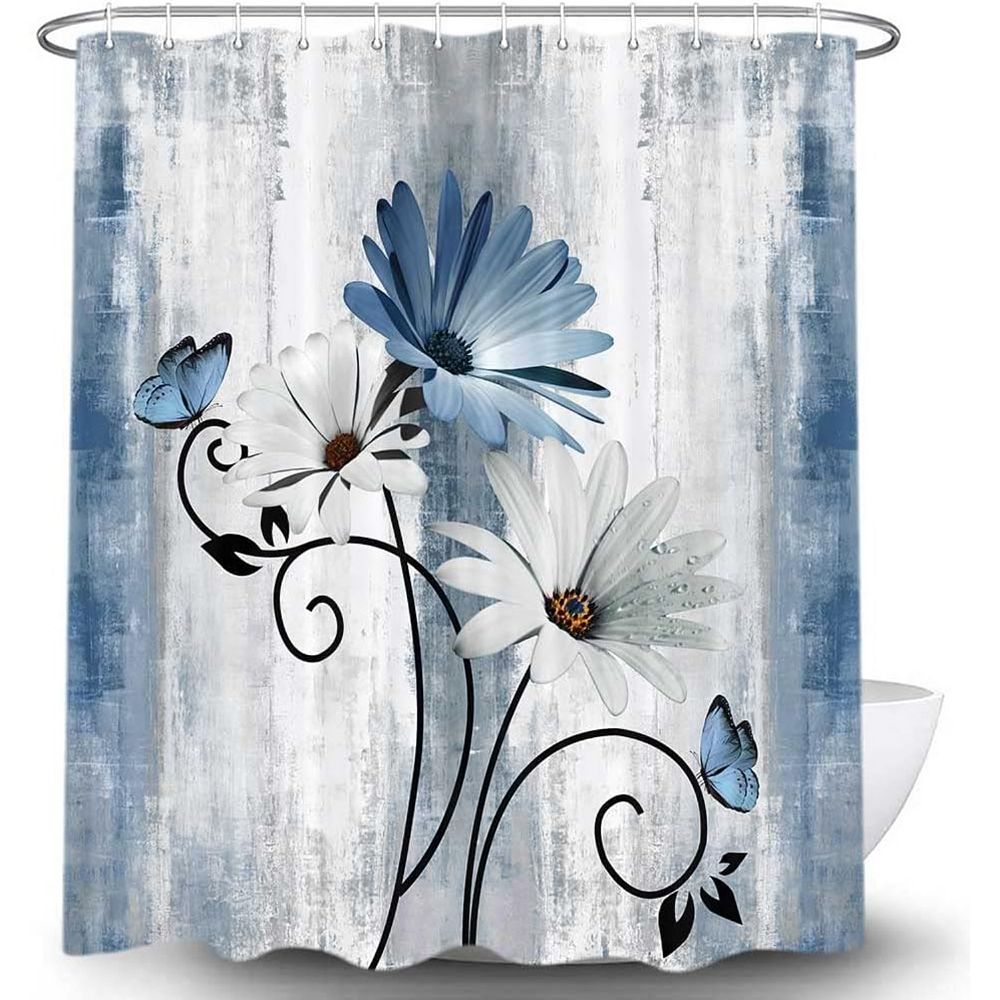Blue Daisy Floral Flowers and Butterfly on Country Wooden Shower ...