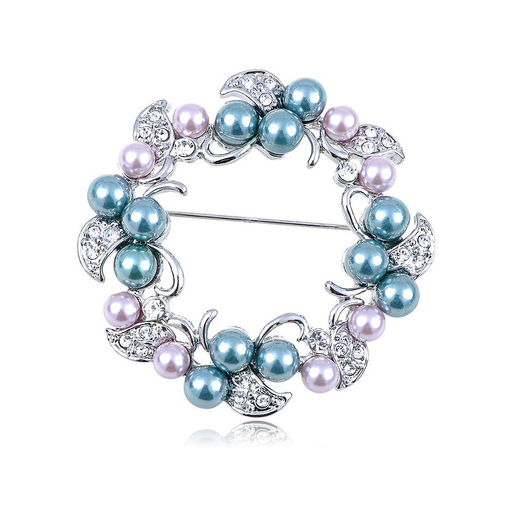 Silvery Tone Amethyst Purple Crystal Rhinestone Floral Wreath Brooch Pin