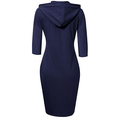 Women's 3/4 Sleeve Pullover Hoodie Dresses with Pocket Solid Color Knee ...