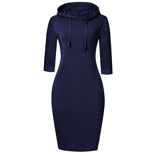 Women's 3/4 Sleeve Pullover Hoodie Dresses with Pocket Solid Color Knee ...