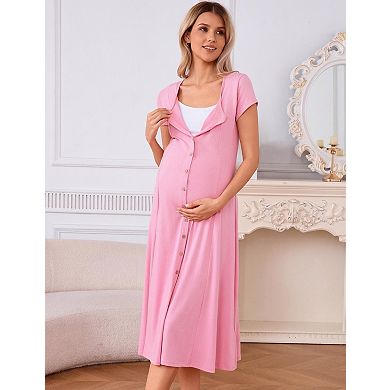 Women's U-Neck Long Knit Maternity Dress with Short Sleeves Button Front