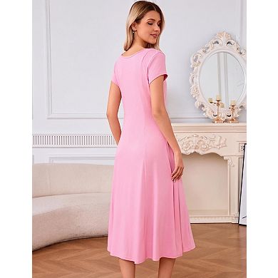 Women's U-Neck Long Knit Maternity Dress with Short Sleeves Button Front