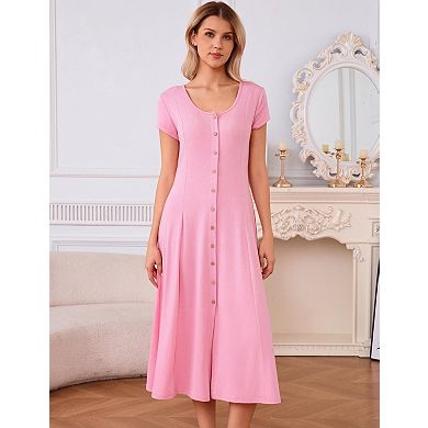 Women's U-Neck Long Knit Maternity Dress with Short Sleeves Button Front