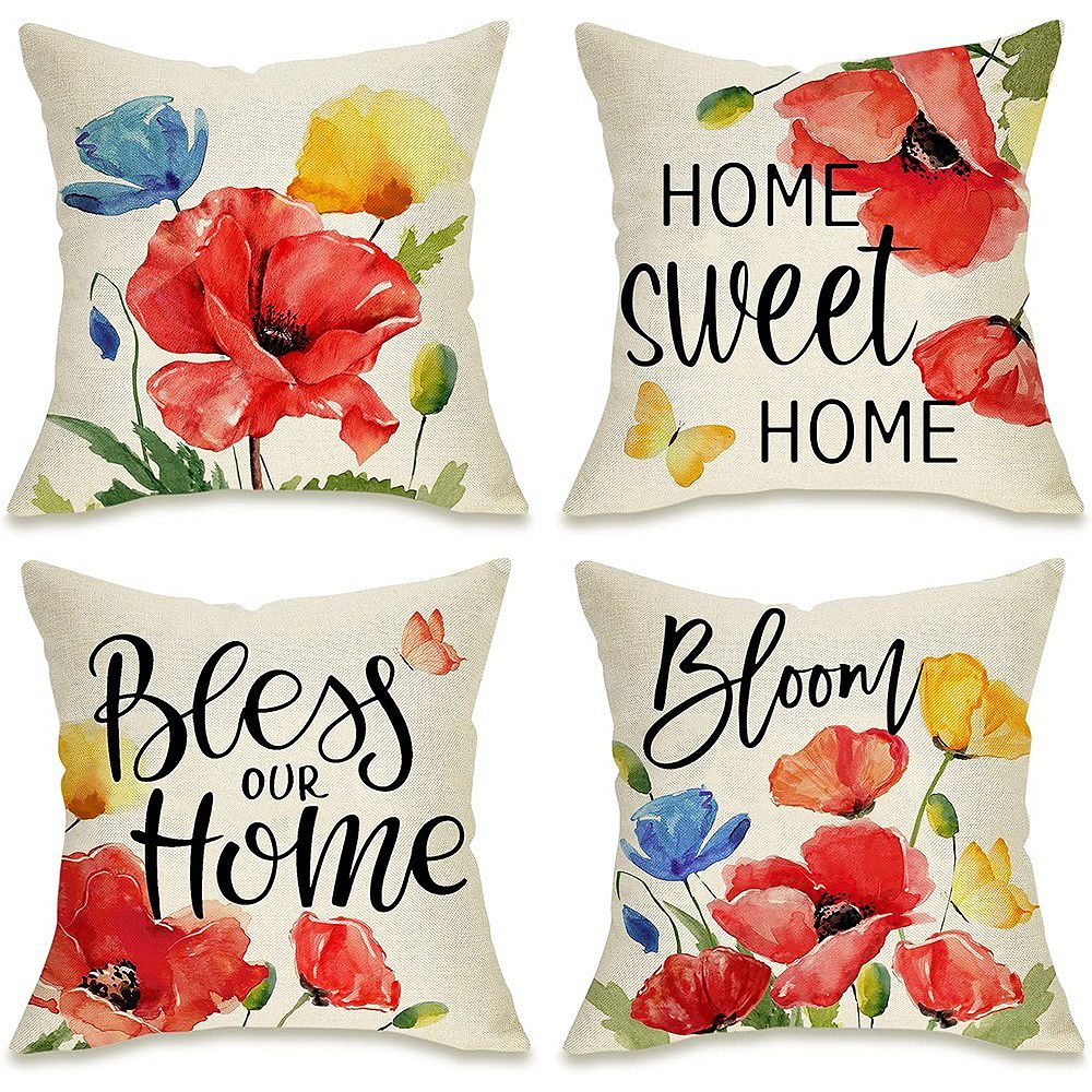 Poppy Floral Throw Pillow Covers Set of 4, Spring Summer Farmhouse ...
