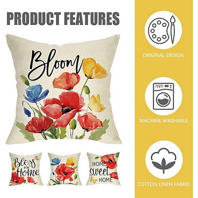 Poppy Floral Throw Pillow Covers Set of 4, Spring Summer Farmhouse ...