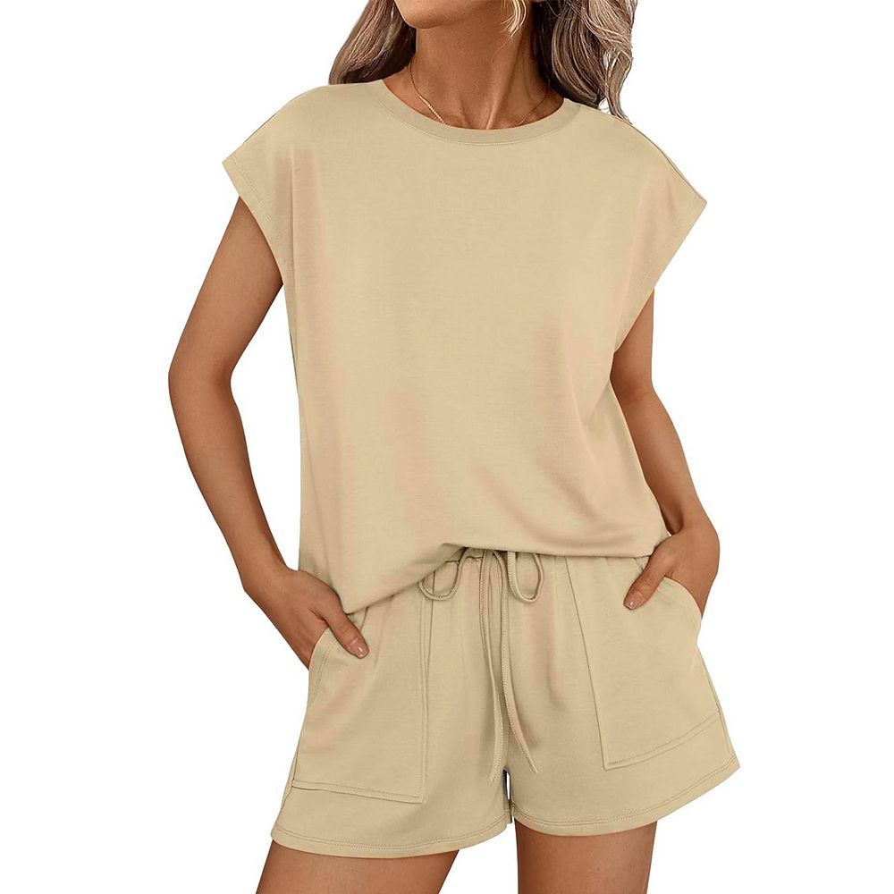 Women's Summer Casual Loose Sleeveless Top & Shorts 2-Piece Crew Neck Comfort Loungewear Set Pocket