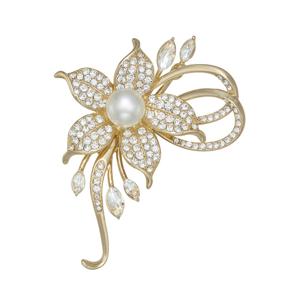 You're Invited Gold Tone Crystal & Simulated Pearl Flower Pin