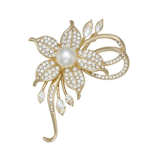 You're Invited Gold Tone Crystal & Simulated Pearl Flower Pin