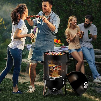 Vertical Charcoal Smoker Grill 3 Layer Barrel BBQ with Thermometer