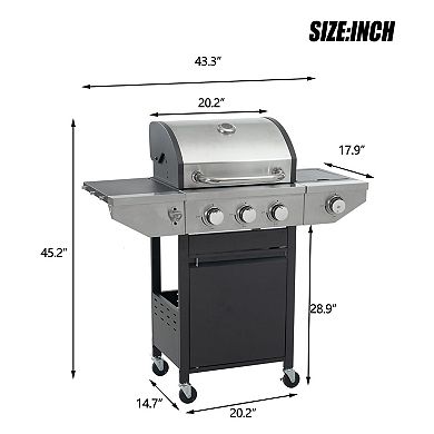 Stainless Steel Gas Grill 4 Burner with Side Burner and Thermometer