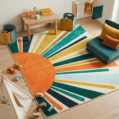 Cute Rainbow Sun Washable Non Slip Rug for Kids Room, Ultra Thin Low ...