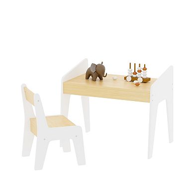 White & Natural Wooden Kids Table Set with Chair, Study Desk for Ages 2 ...