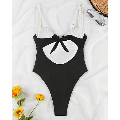 Women's Color Block One-Piece Swimsuit, V-Neck High Cut Bathing Suit ...
