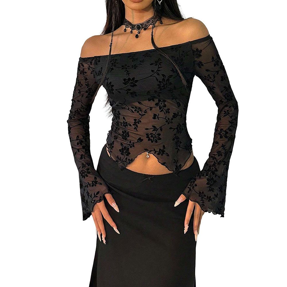 Women's Off Shoulder Long Sleeve Top Mesh Floral Print Slim Fit Ruffle ...