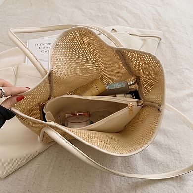 Woven Straw Tote Bag with Shoulder Straps Lightweight Crochet Knit Tote ...