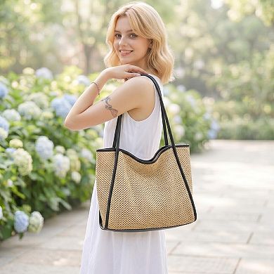 Woven Straw Tote Bag with Shoulder Straps Lightweight Crochet Knit Tote ...