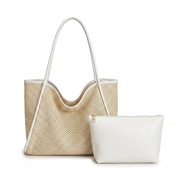 Woven Straw Tote Bag with Shoulder Straps Lightweight Crochet Knit Tote ...