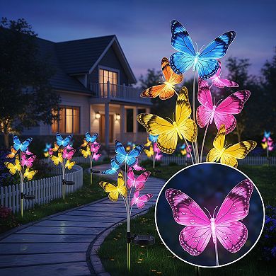 Solar Lights Outdoor 2 Pack with Silk Butterflies Color Changing LEDs