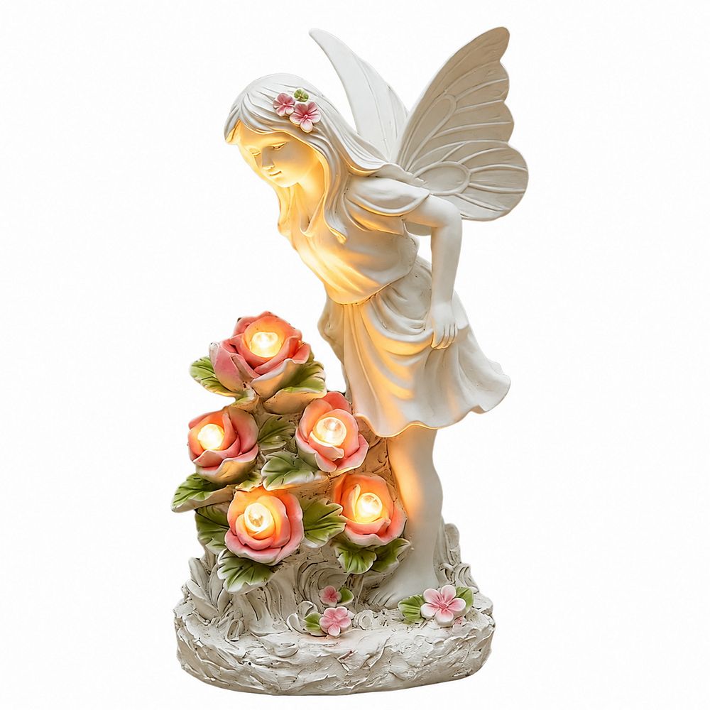 Solar Powered Angel Garden Statue 5 LED Outdoor Decor Hand Paint Resin ...