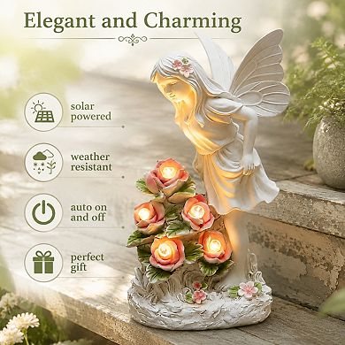 Solar Powered Angel Garden Statue 5 LED Outdoor Decor Hand Paint Resin ...