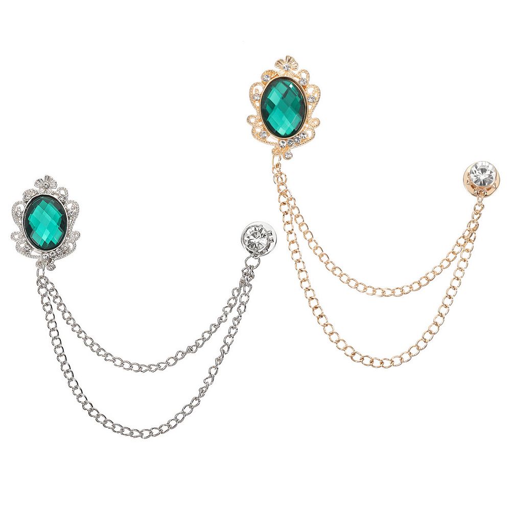 2Pcs Gem Hanging Chain Brooch Pins, Rhinestone