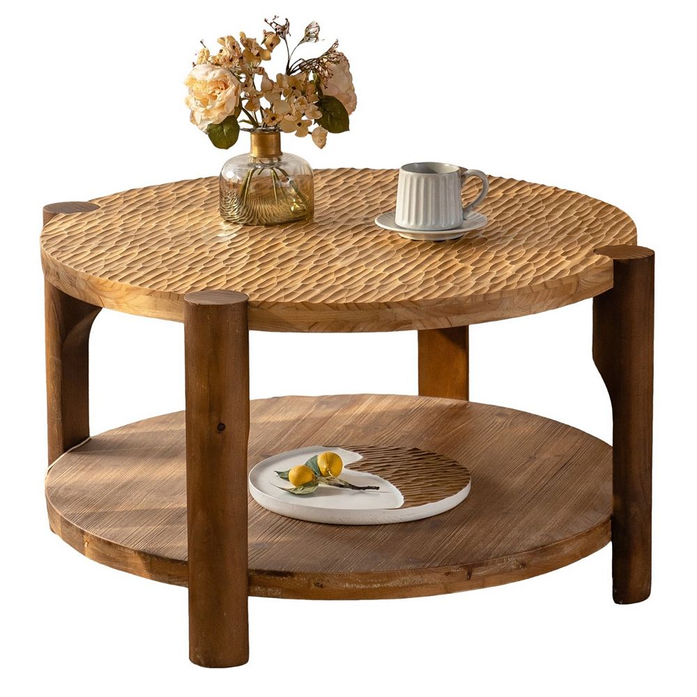 Two Tier Round Coffee Table with Storage Shelf for Small Apartment Spaces