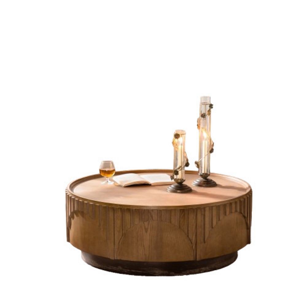 Fluted Round Coffee Table with Handcrafted Relief Detail for Living ...