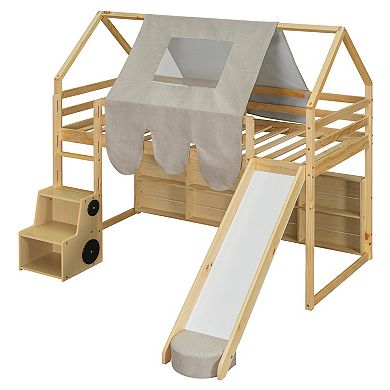 Pnronnc Wooden House-Shaped Frame Loft Bed with Tent, Under Bookcase ...