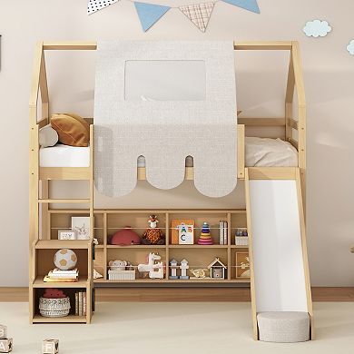 Pnronnc Wooden House-Shaped Frame Loft Bed with Tent, Under Bookcase ...
