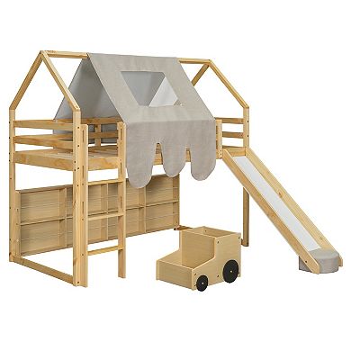 Pnronnc Wooden House-Shaped Frame Loft Bed with Tent, Under Bookcase ...