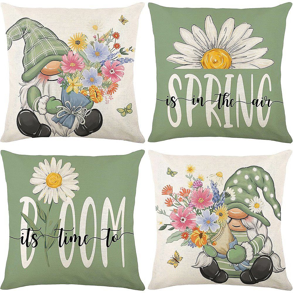 Spring Summer Daisy Butterfly Gnome Pillow Covers Set, Floral Cushion Cases