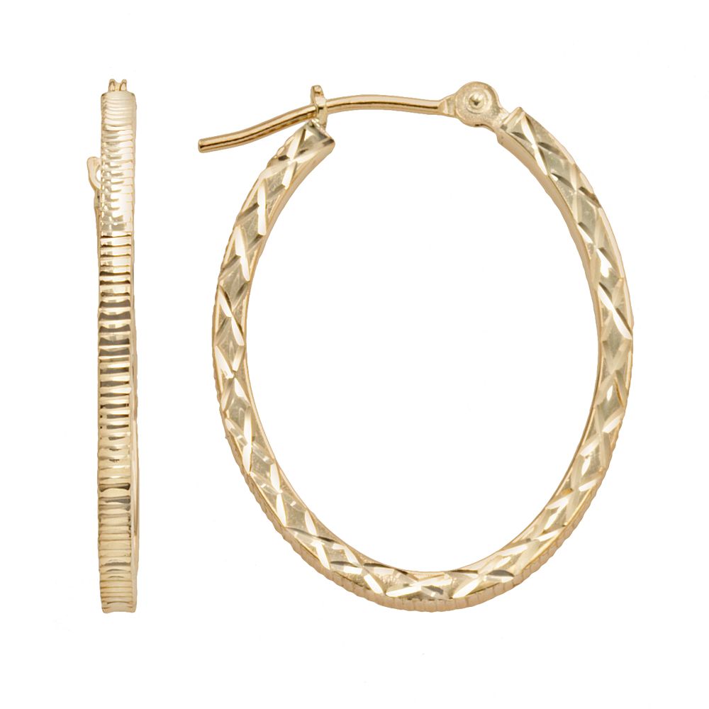 10k Gold Crosshatch Textured Oval Hoop Earrings