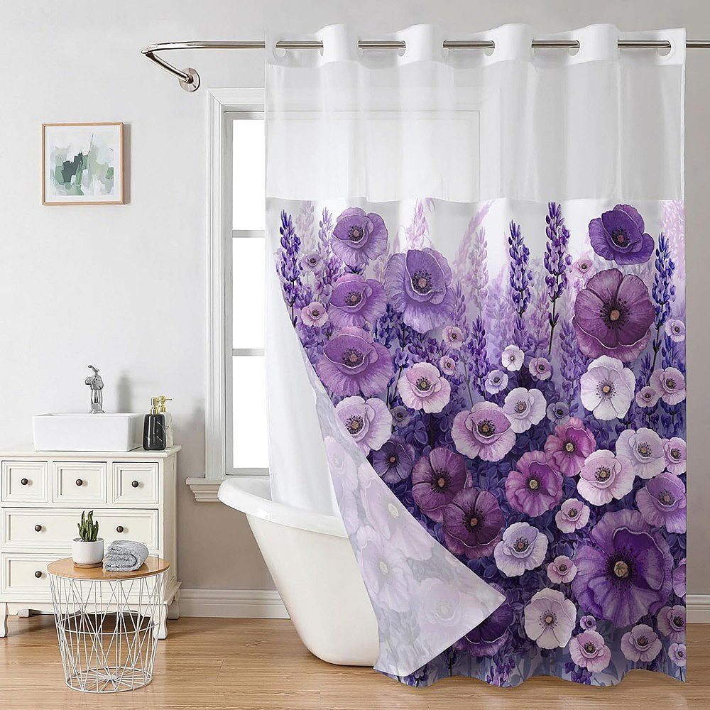 Floral No-Hook Shower Curtain with Snap-in Liner, Oil Painting, Washable