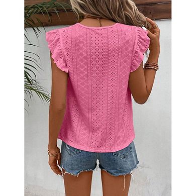 Women's Eyelet Embroidery Ruffle Cap Sleeve Blouse Crew Neck Hollow Out ...