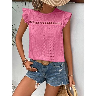 Women's Eyelet Embroidery Ruffle Cap Sleeve Blouse Crew Neck Hollow Out ...