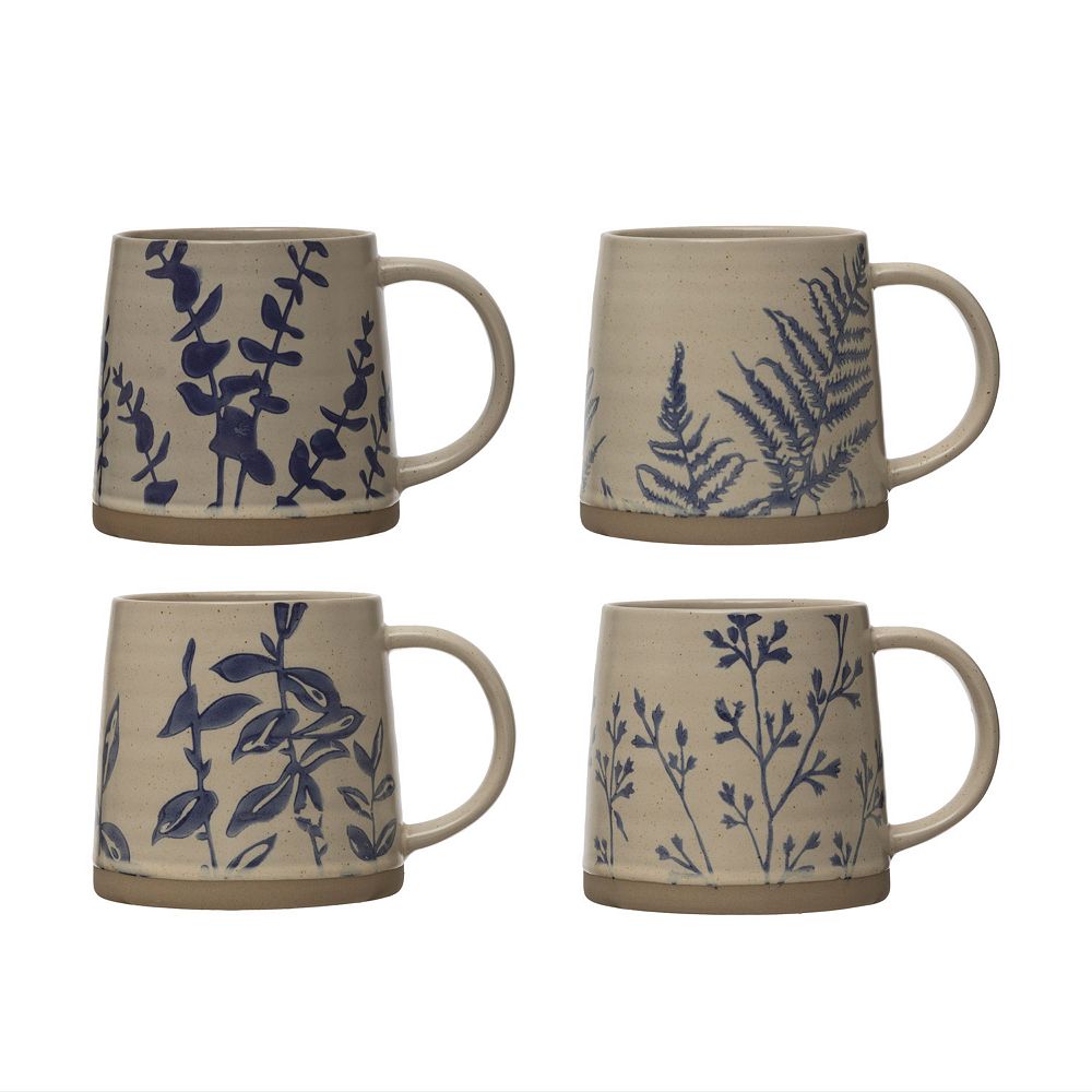 Hello Honey Hand Stamped Mug with Wax Relief Botanical Design, Set of 4 ...