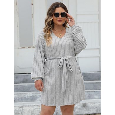 Plus Size Women Ribbed Knit V Neck Long Sleeve Dress with Tie Belt ...