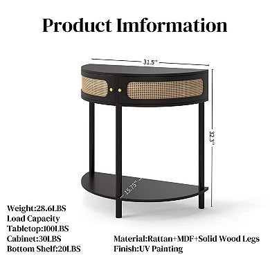 KTMBDW Half Moon Shaped Console Table with 2 Rattan Storage Cabinet and ...