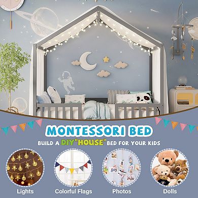 Full Montessori Floor Bed with Canopy House Shape Kids Bed Frame with ...