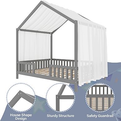 Full Montessori Floor Bed with Canopy House Shape Kids Bed Frame with ...