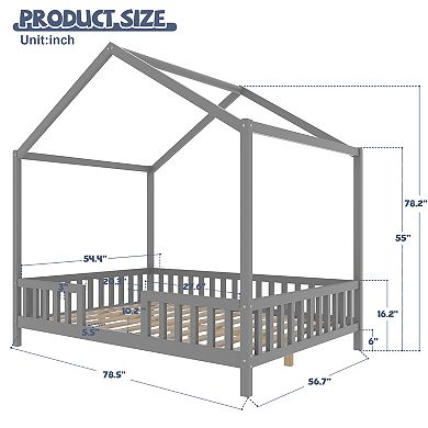 Full Montessori Floor Bed with Canopy House Shape Kids Bed Frame with ...