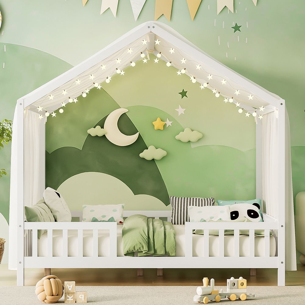 Full Montessori Floor Bed with Canopy House Shape Kids Bed Frame with ...