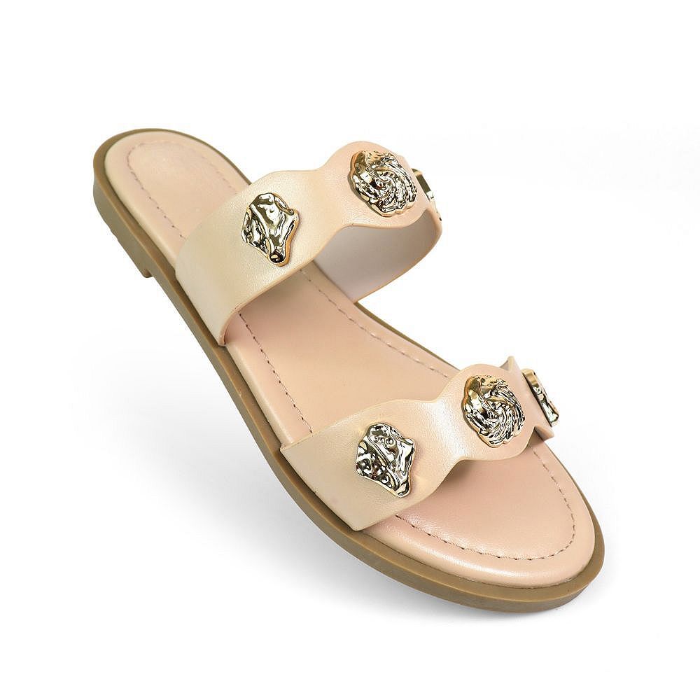 Amaya-2 Double Strap Gold Hardware Slide Sandals