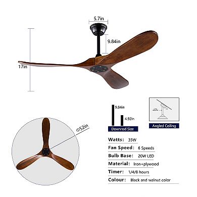 Loheer 52 Inch Ceiling Fan No Light, Modern Reversible DC Motor Remote ...